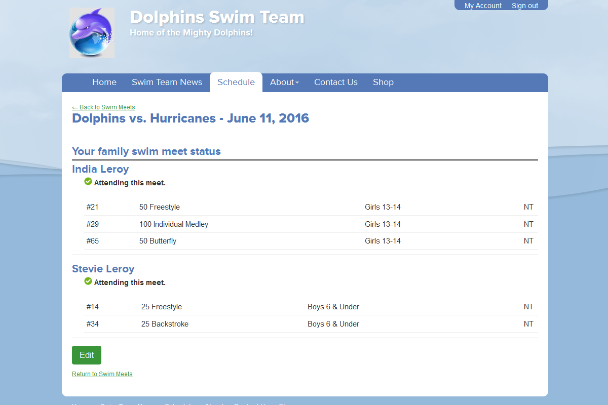 Parent Portal to Manage Swim Team Participation & Family Info